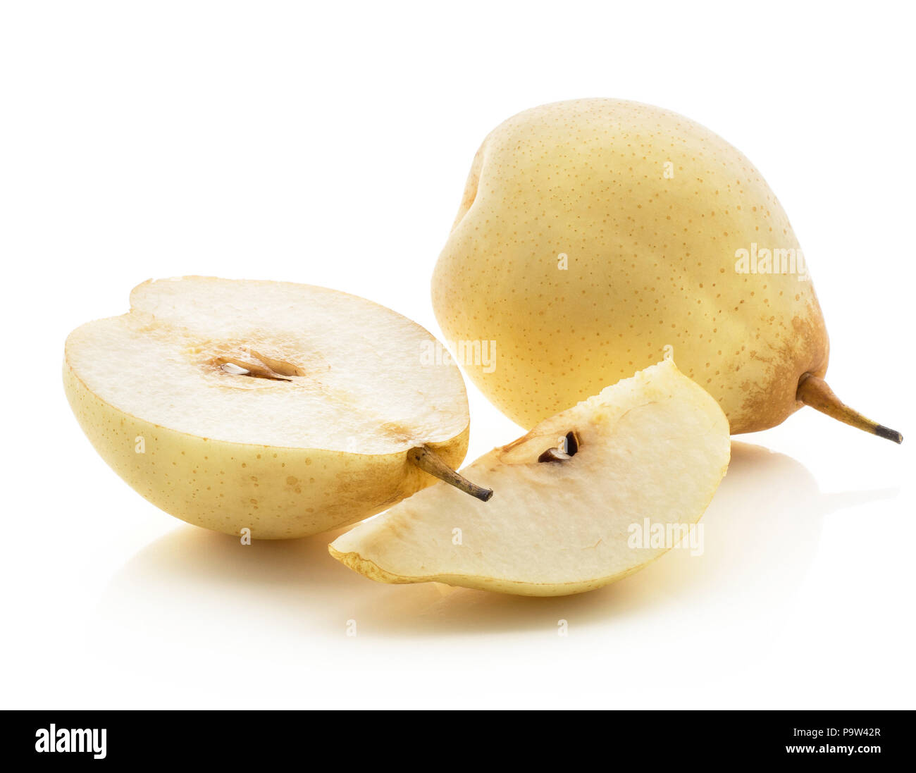 One Nashi pear with section half and one slice (Russet pear) isolated ...