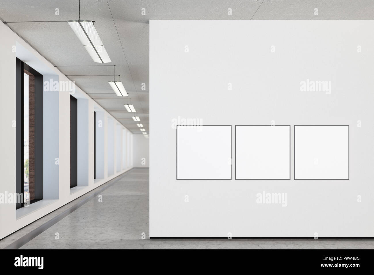 Three blank square posters in the gallery with clipping path around ...