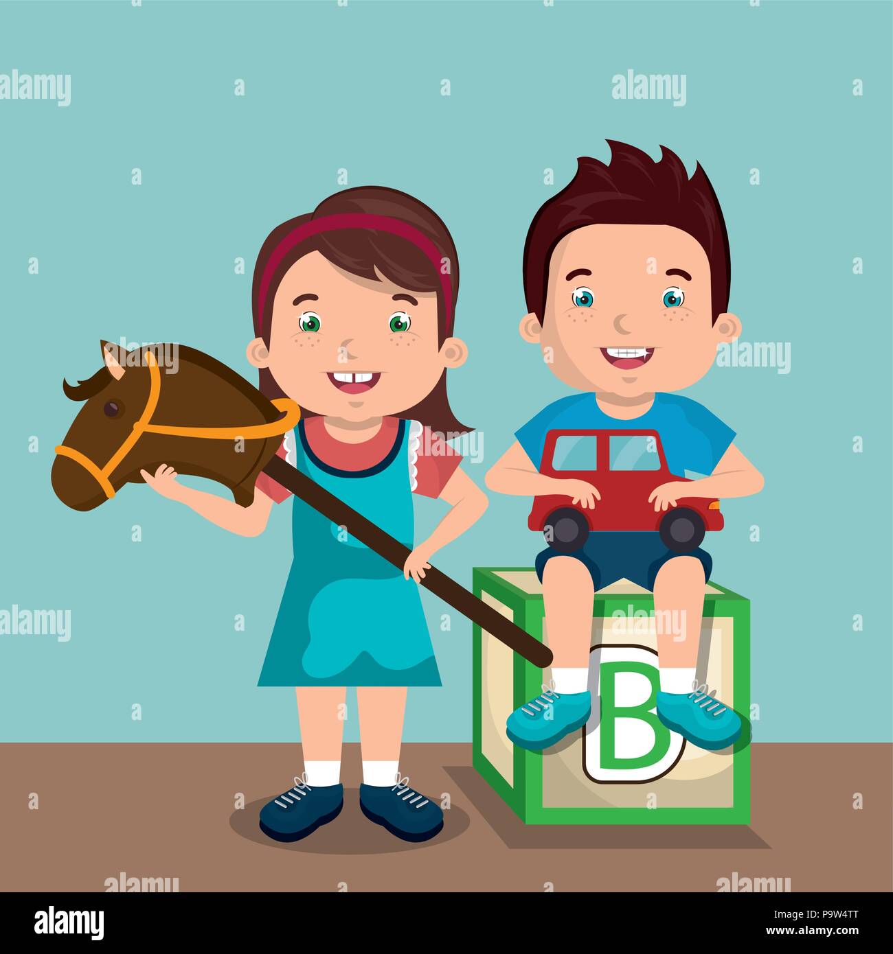 little boy and girl playing with toys characters vector illustration ...