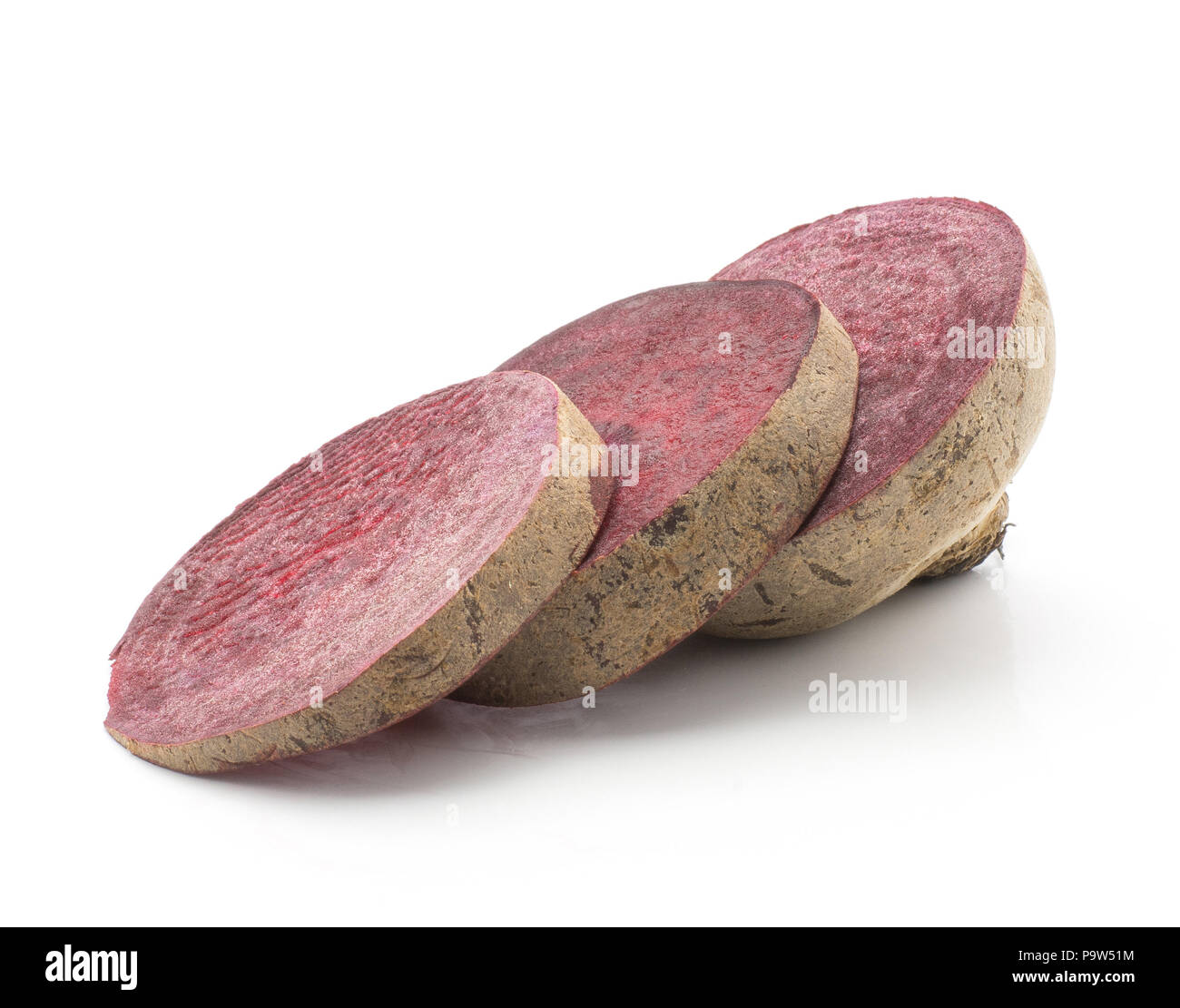 Three sliced beetroot rings (raw red beet) isolated on white background ...