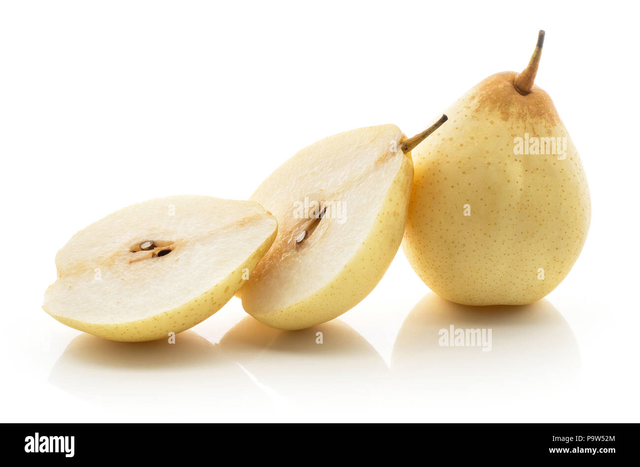 Nashi pears (Russet pear) isolated on white background one whole yellow ...