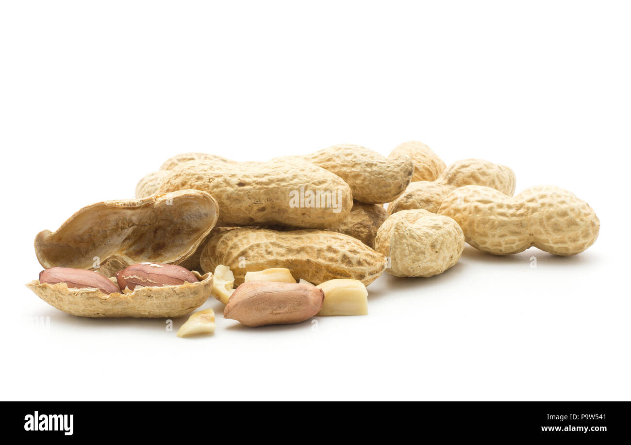 Peanuts stack isolated on white background (open, seeds, in husk ...