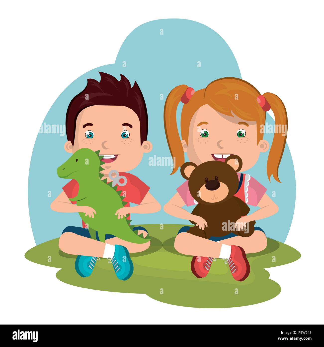 little boy and girl playing with toys characters vector illustration ...