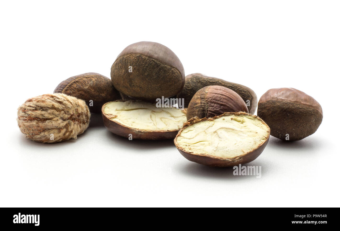 European chestnuts two halves Spanish edible and one peel isolated on ...