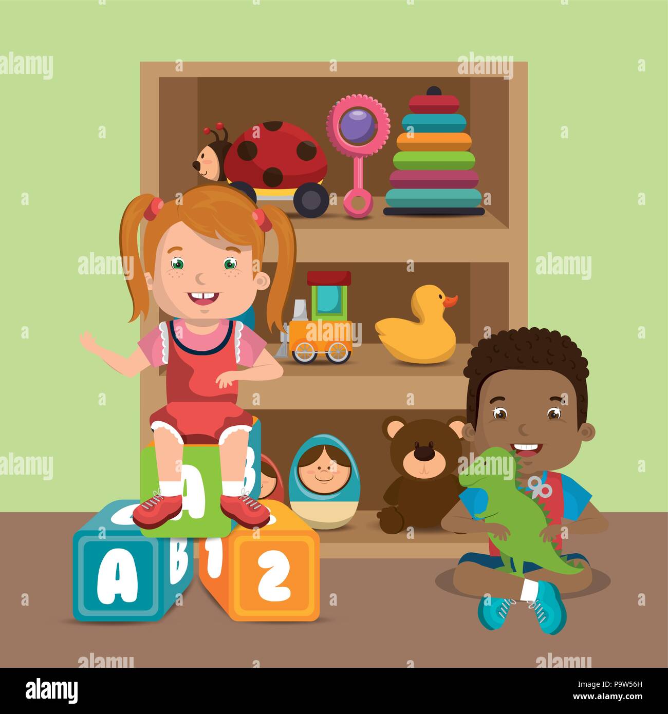 little boy and girl playing with toys characters vector illustration ...