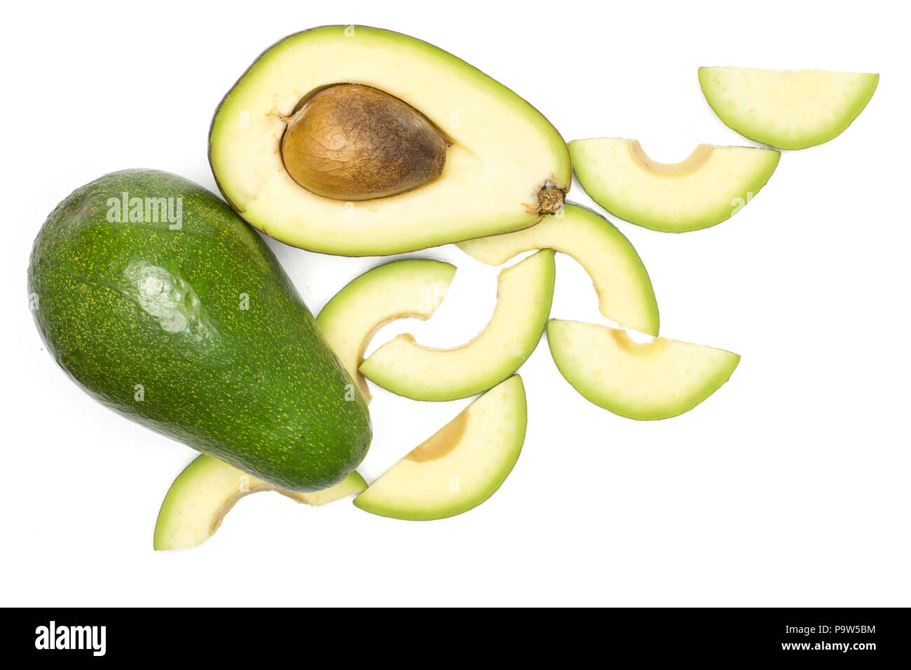 Green smooth avocado set top view isolated on white background bacon ...