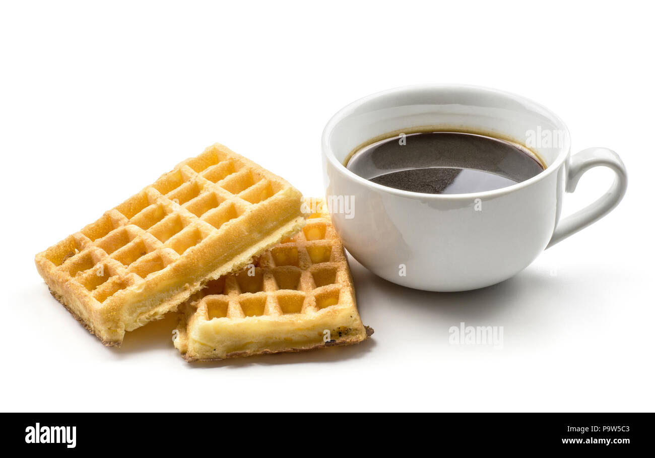 Two traditional waffle (Belgian) with a cup of coffee without milk ...
