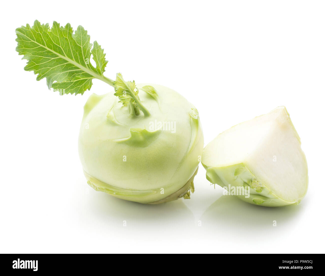 Kohlrabi (German turnip or turnip cabbage) bulb with fresh leaves and a ...