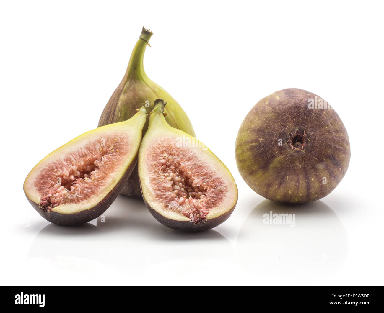 Two figs and two sliced halves rose flesh isolated on white background ...