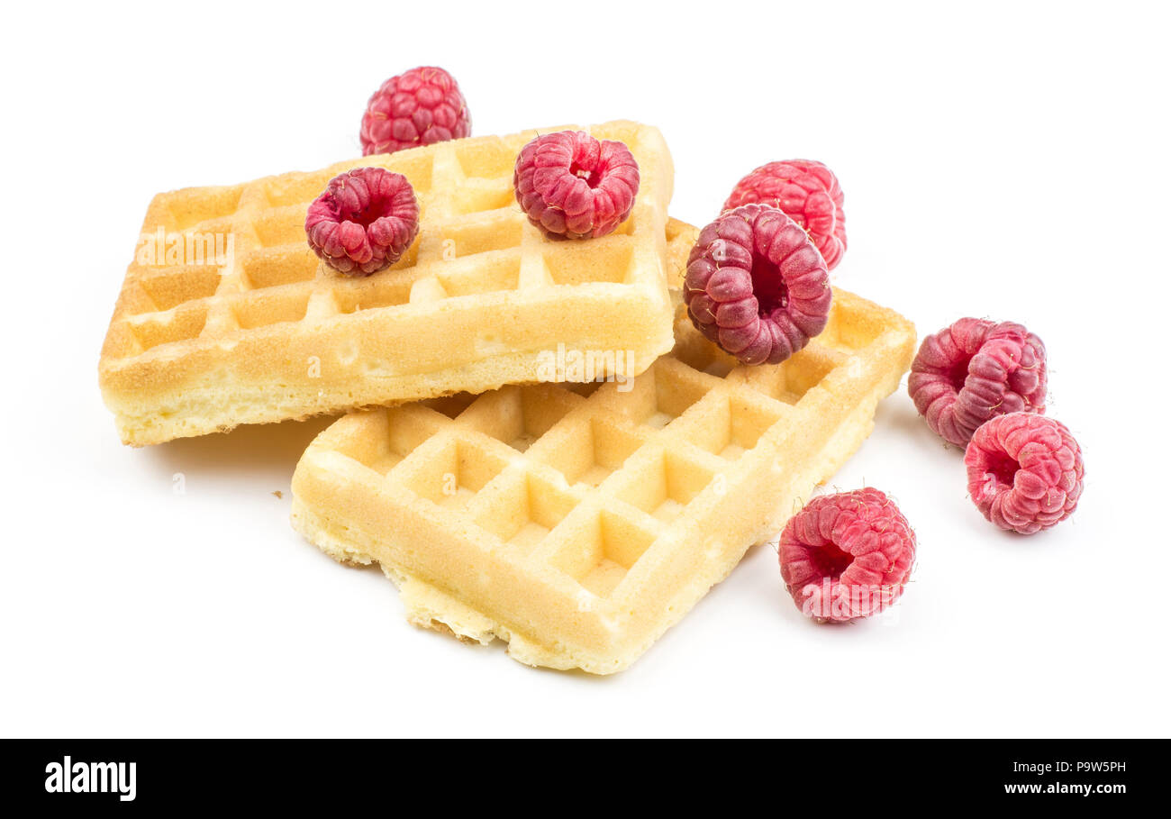 Traditional waffle (Belgian) with fresh red raspberries isolated on ...