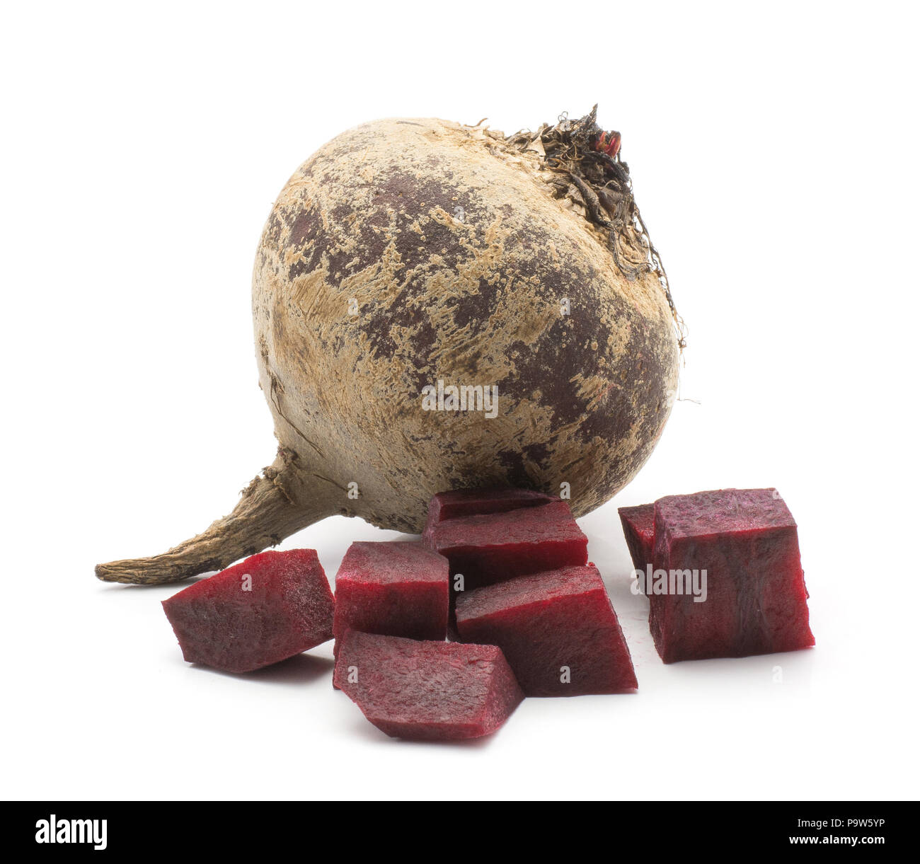 One beetroot (raw red beet) bulb and chopped pieces isolated on white ...