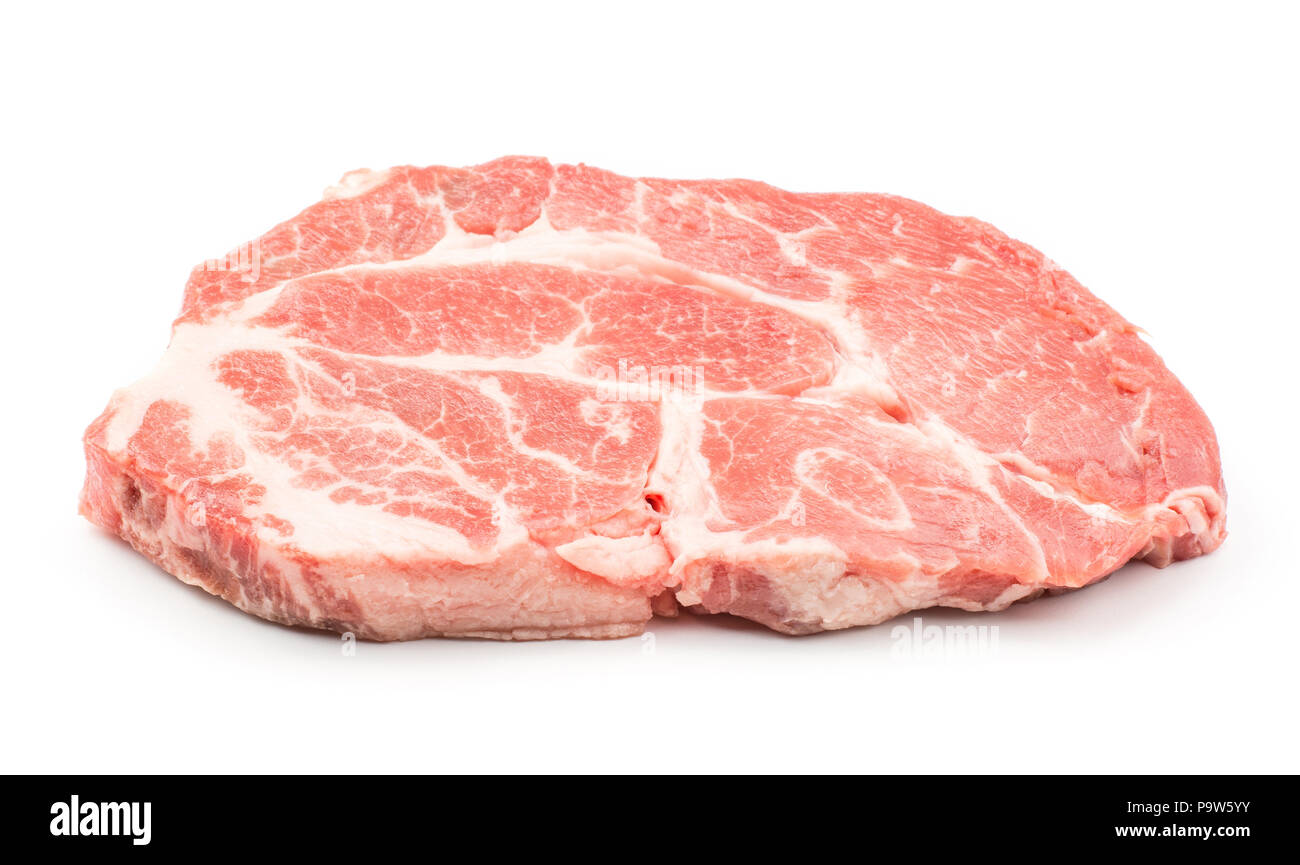 Raw pork neck meat cut isolated on white background one fresh slice ...