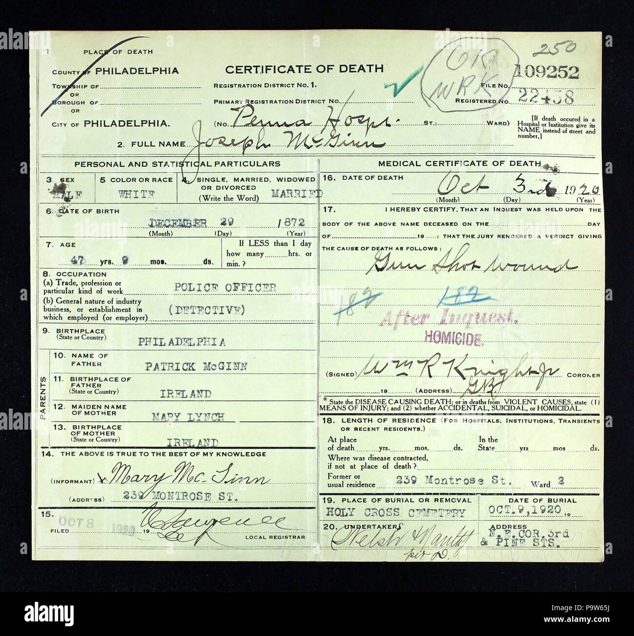386 Detective Joseph Patrick McGinn death certificate Stock Photo - Alamy