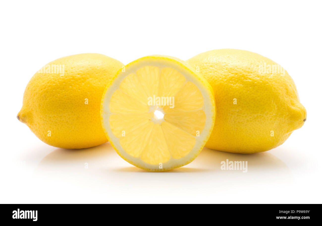 Two yellow lemons and sliced ring isolated on white background Stock ...