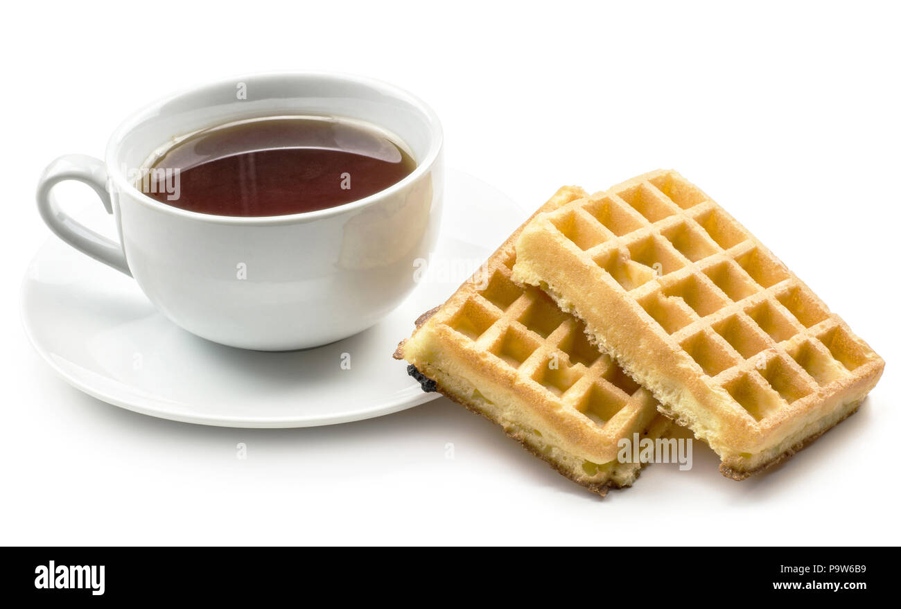 Traditional waffle (Belgian) with a cup of tea isolated on white ...