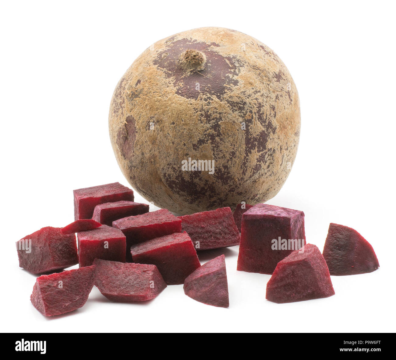 Chopped beetroot (raw red beet) pieces and one whole bulb isolated on ...