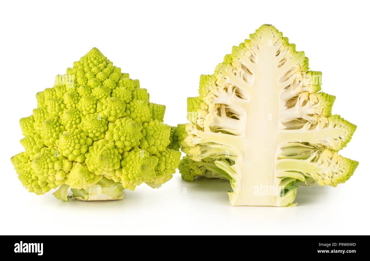 Romanesco cauliflower one green head and section half compare isolated ...