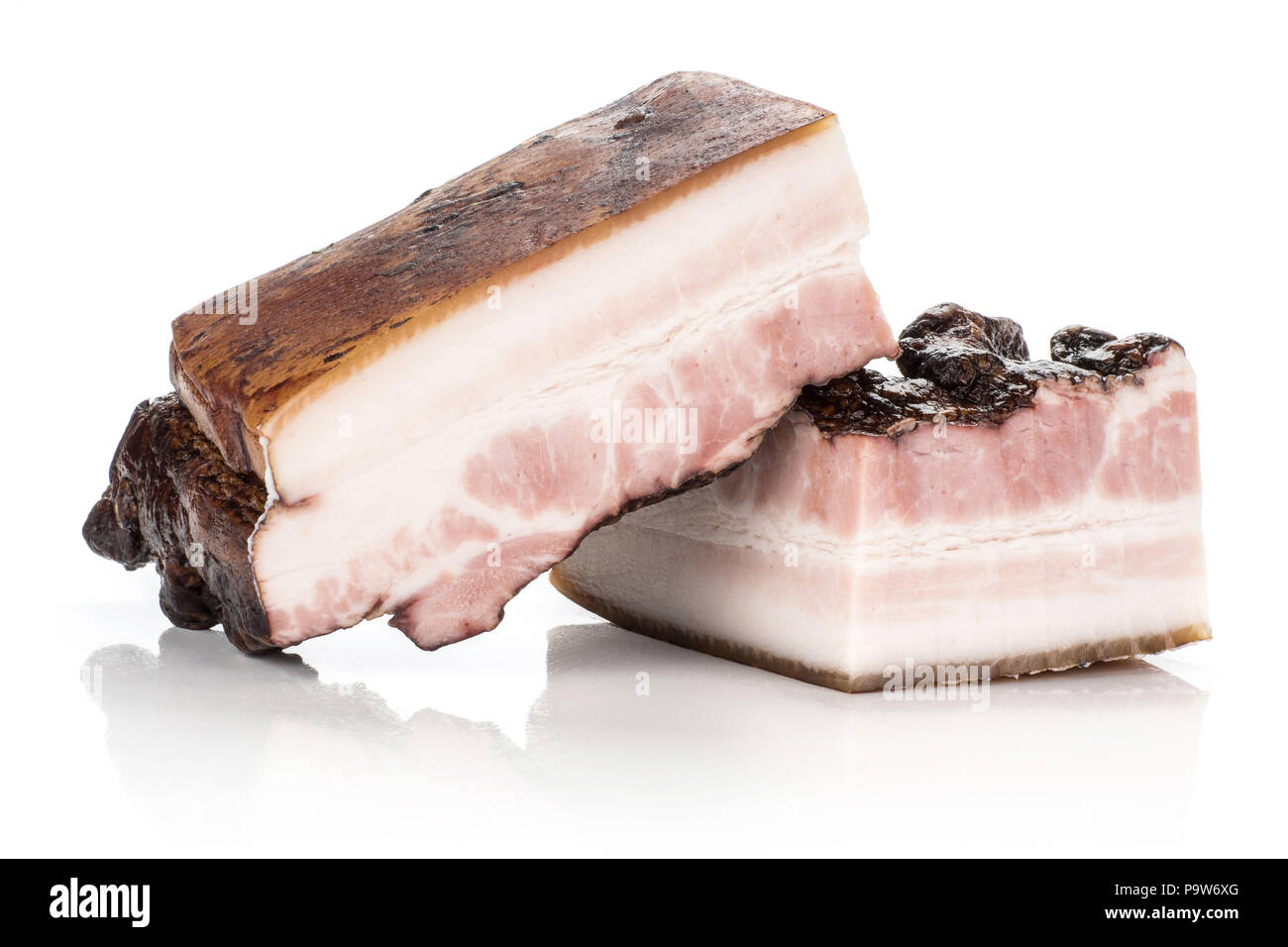 Group of two pieces of english bacon smoked isolated on white Stock ...