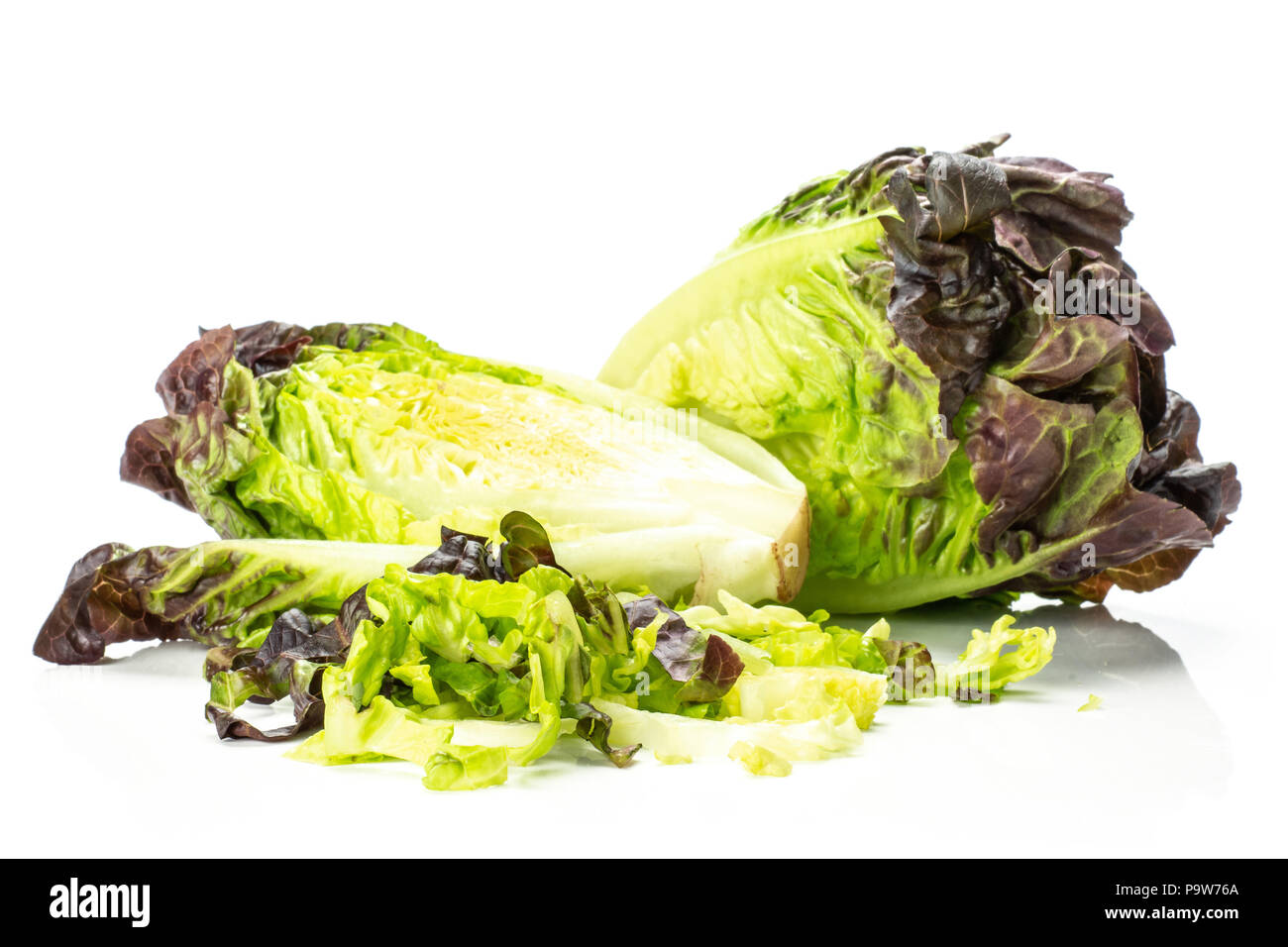 Group of one whole one half of fresh green lettuce red little gem ...