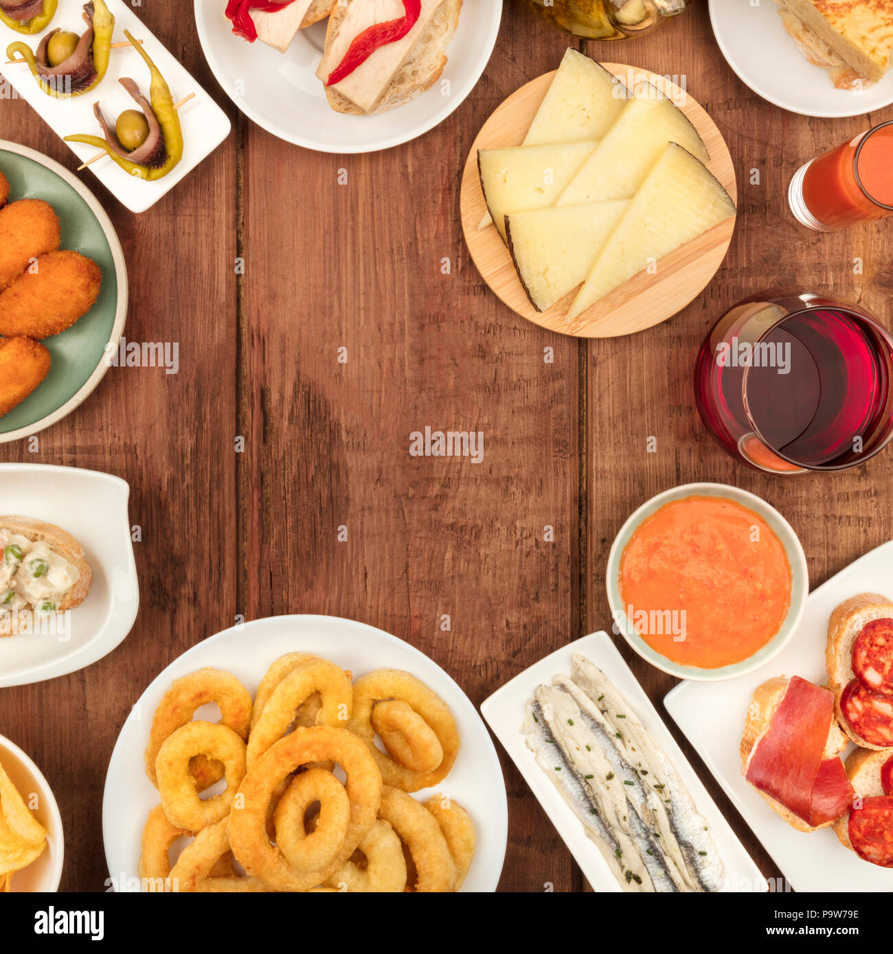 Spanish food. Overhead square photo of various Spanish tapas, shot from ...