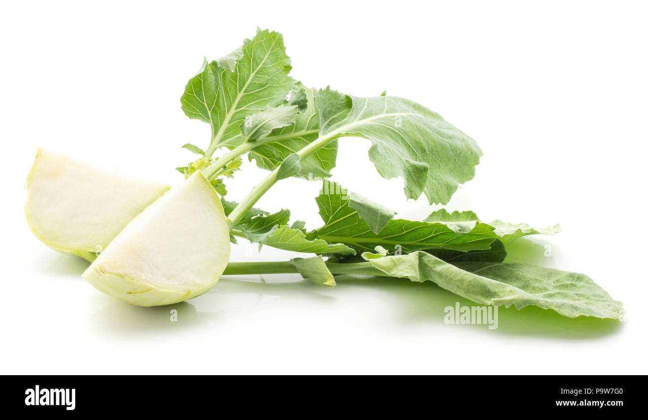 Two kohlrabi (German turnip or turnip cabbage) sliced quarters with ...