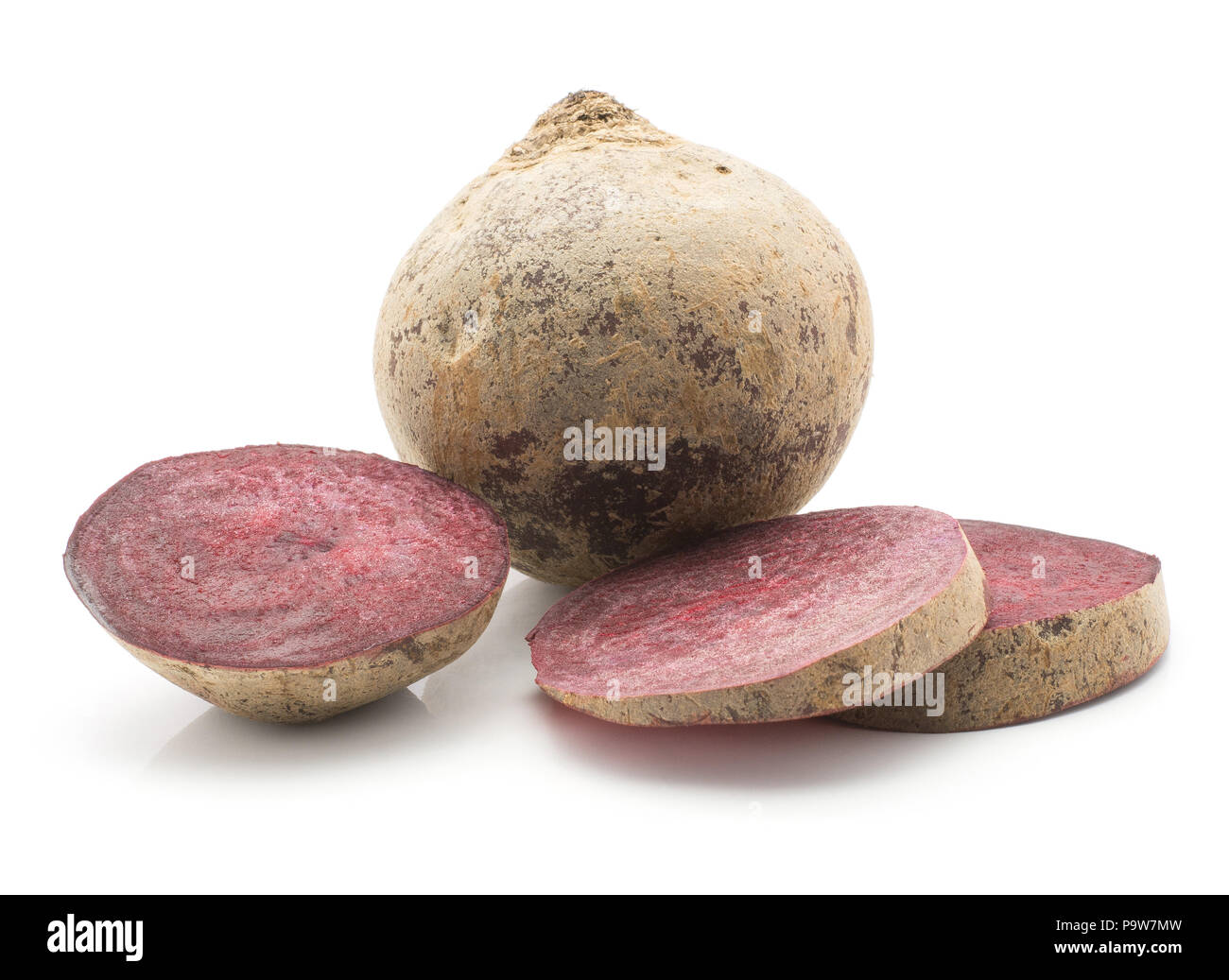 Beetroot (raw red beet) one bulb and three sliced rings isolated on ...