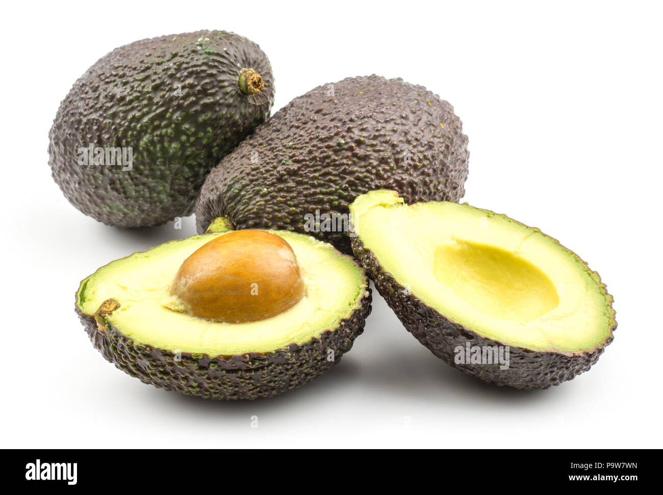 Avocado set isolated on white background two ripe green brown alligator ...