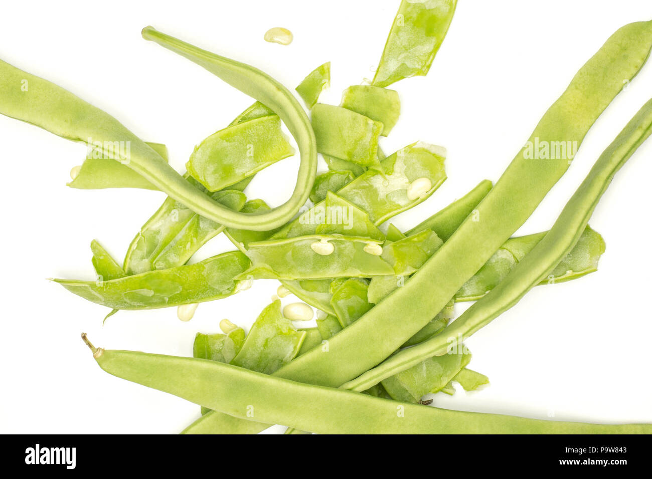 Flat green beans stack top view isolated on white background long Stock ...