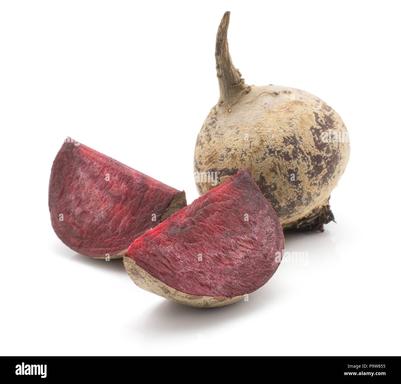 One beetroot bulb and two slices (raw red beet) isolated on white ...