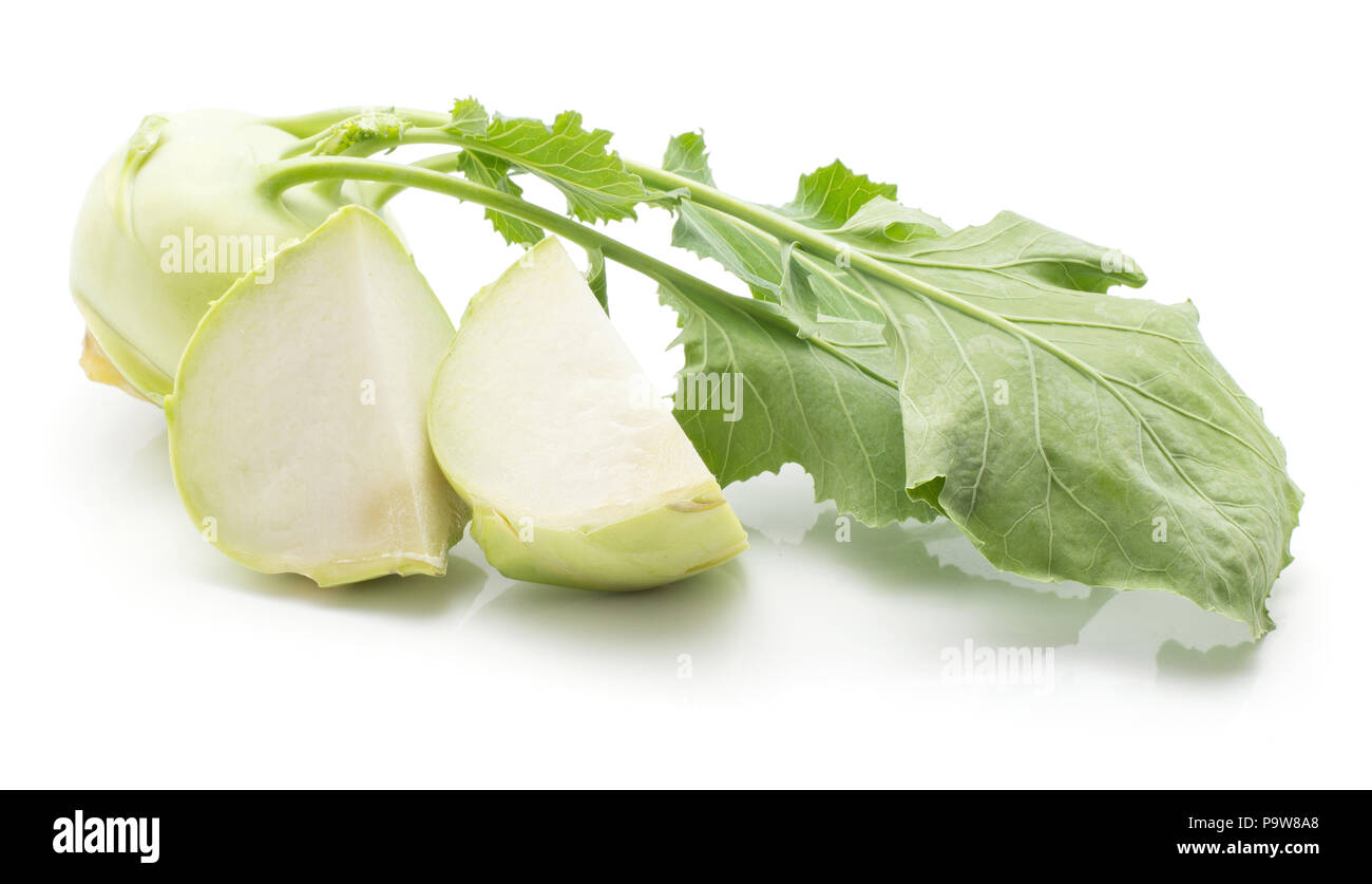 Kohlrabi (German turnip or turnip cabbage) with fresh leaves isolated ...