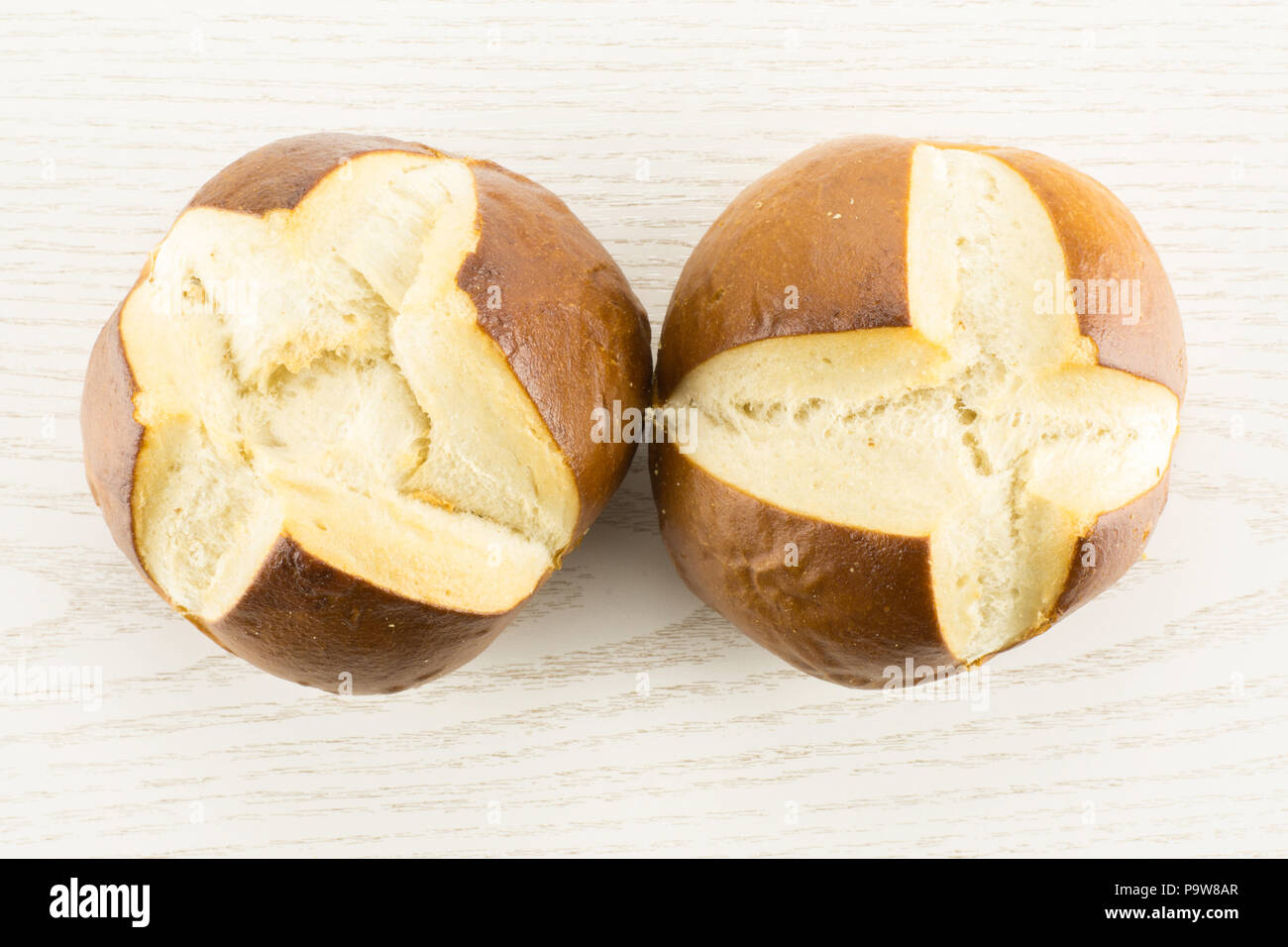 Bavarian bread buns top view on grey wood background two fresh baked ...