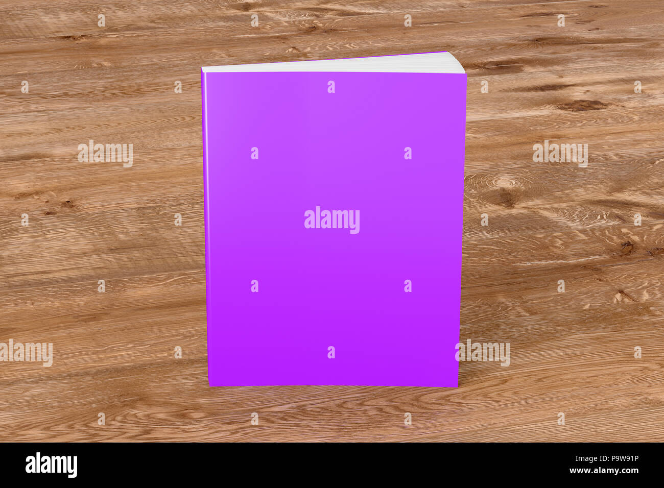Blank violet vertical soft cover book standing on wooden background ...