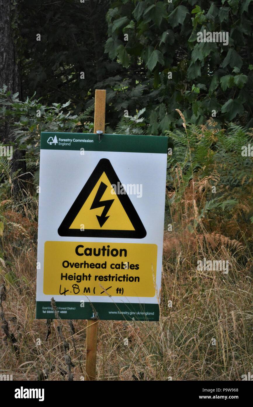 High voltage overhead cable sign in the woods Stock Photo - Alamy