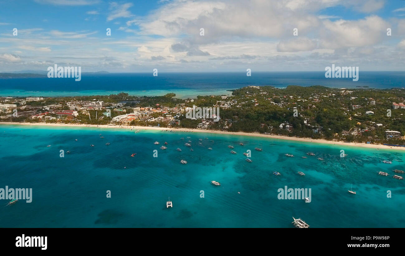 Aerial view of beautiful tropical island with white sand beach, Boracay ...