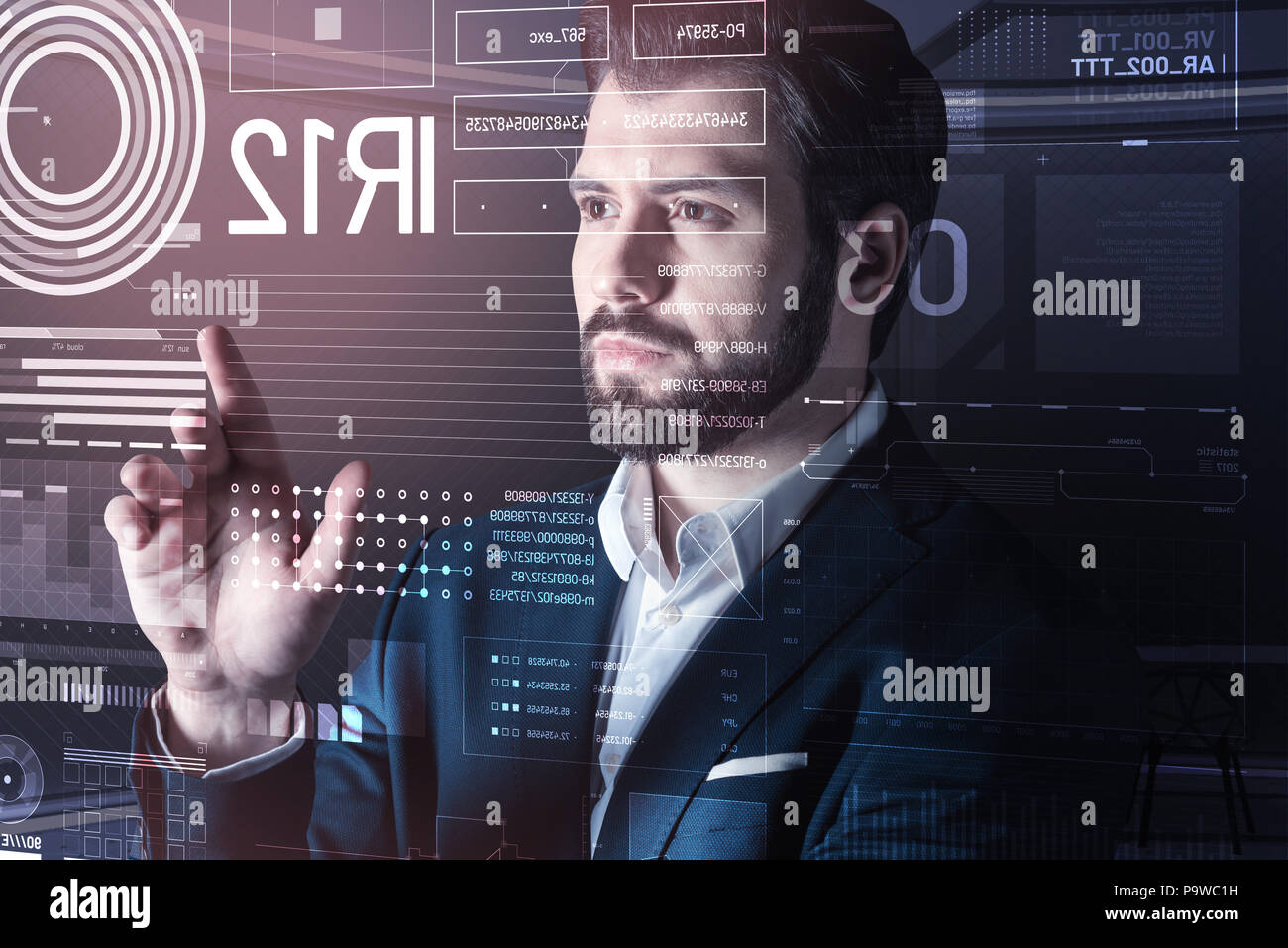 Unusual information. Clever calm programmer pointing to the strange ...