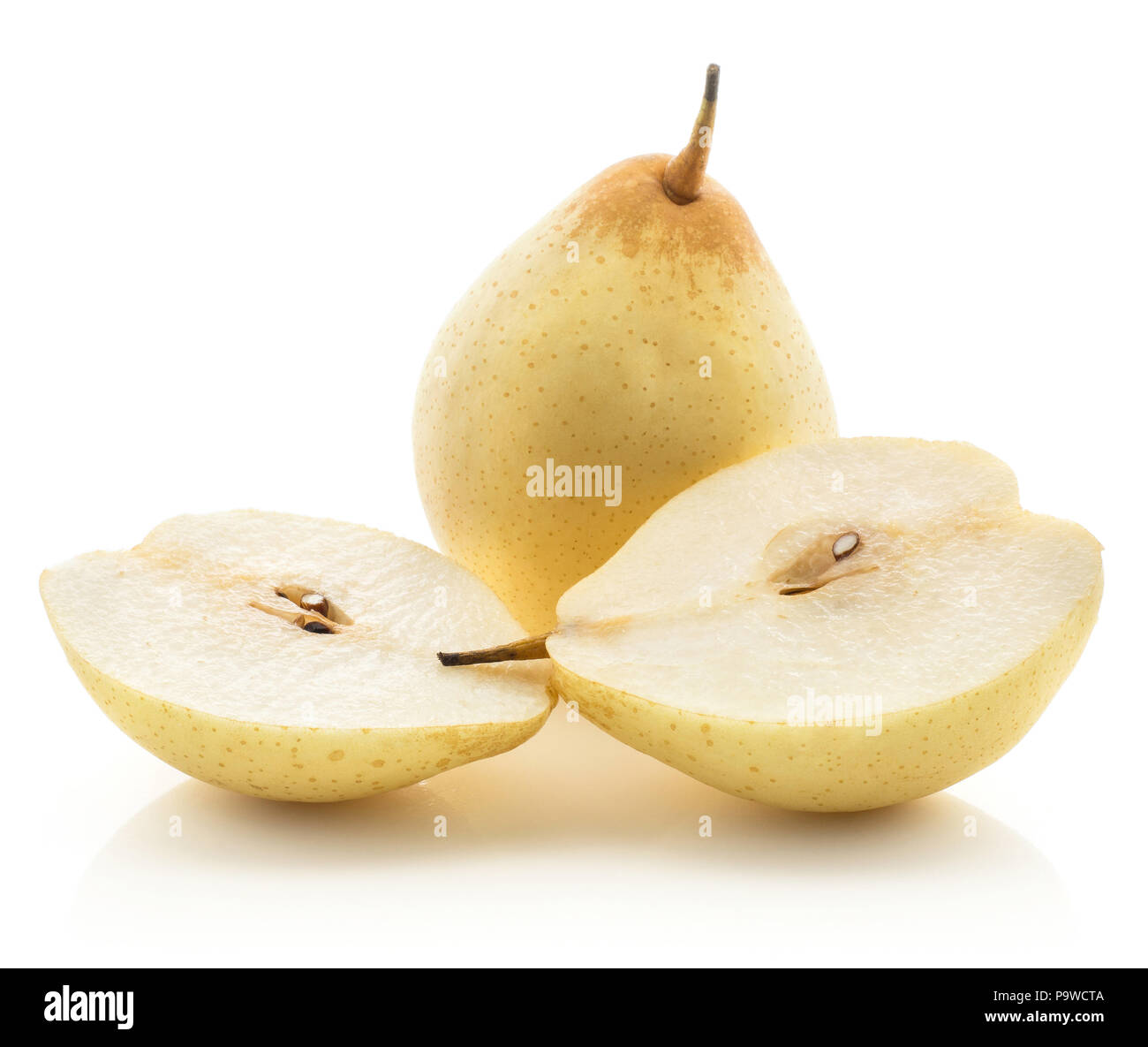 Nashi pears one whole and two halves (Russet pear) isolated on white ...
