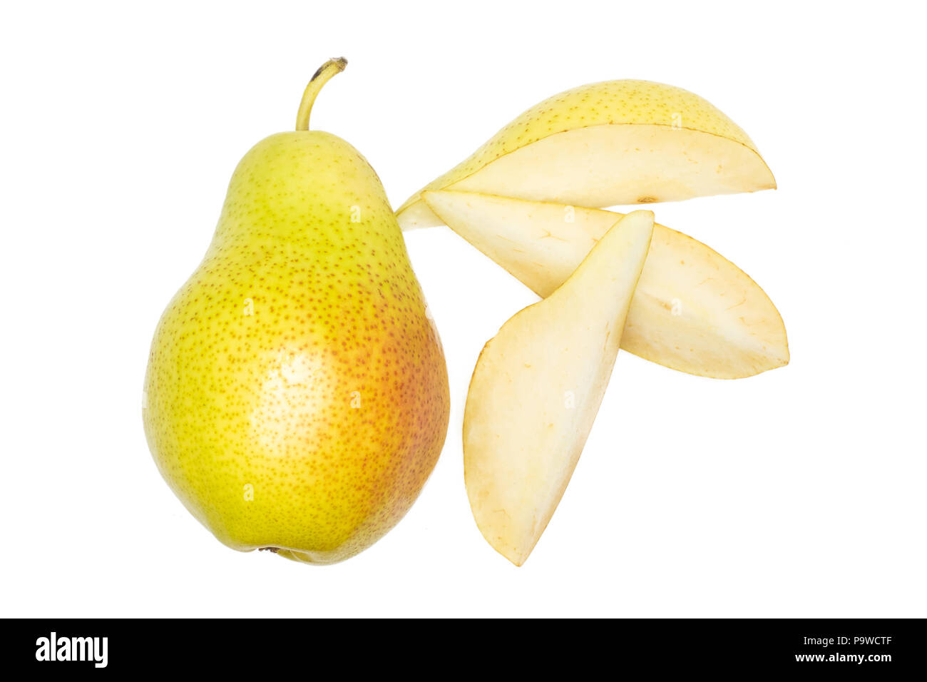 Group of one whole three slices of fresh red pear forelle variety ...