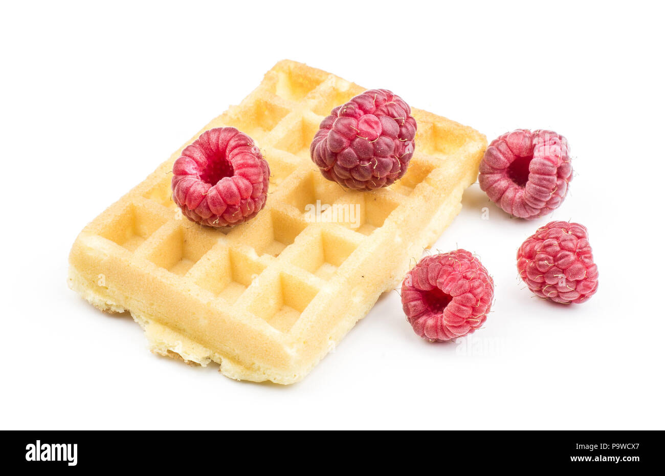 Traditional waffle (Belgian) with fresh red raspberries isolated on ...