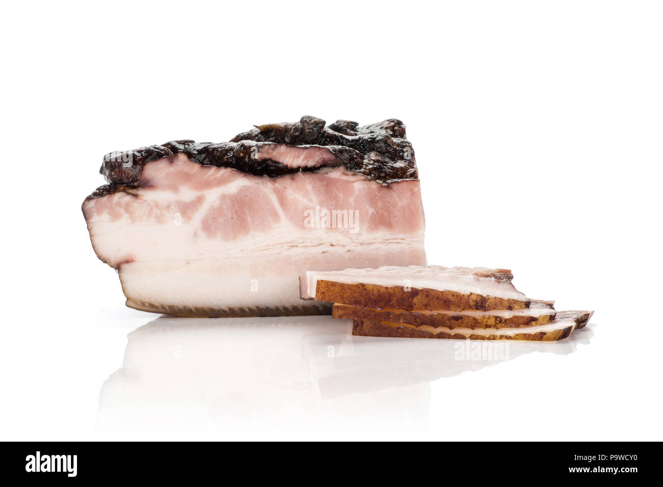 Group of three slices one piece of english bacon isolated on white ...