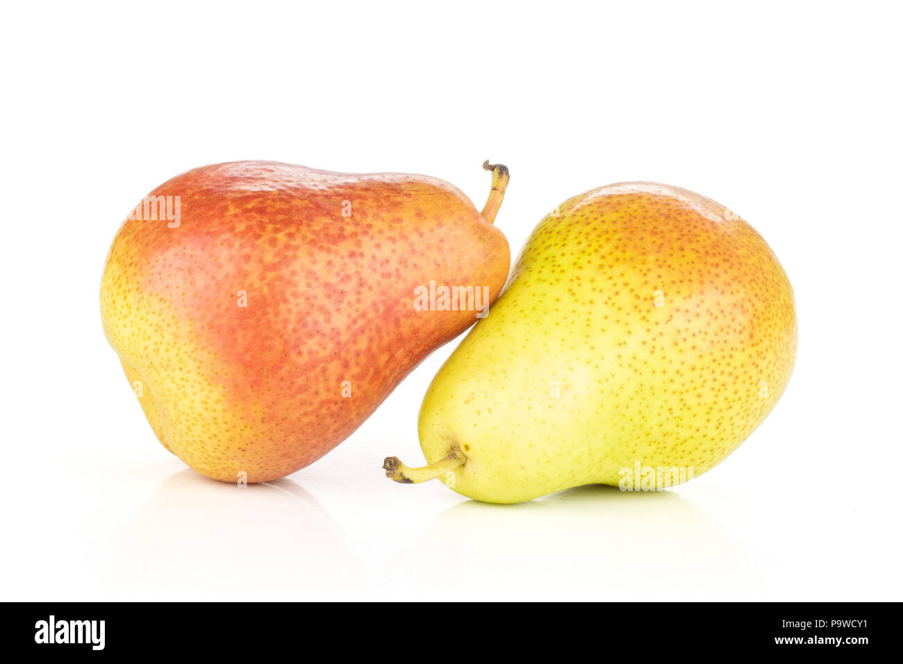 Group of two whole fresh red pear forelle variety bell shaped isolated ...