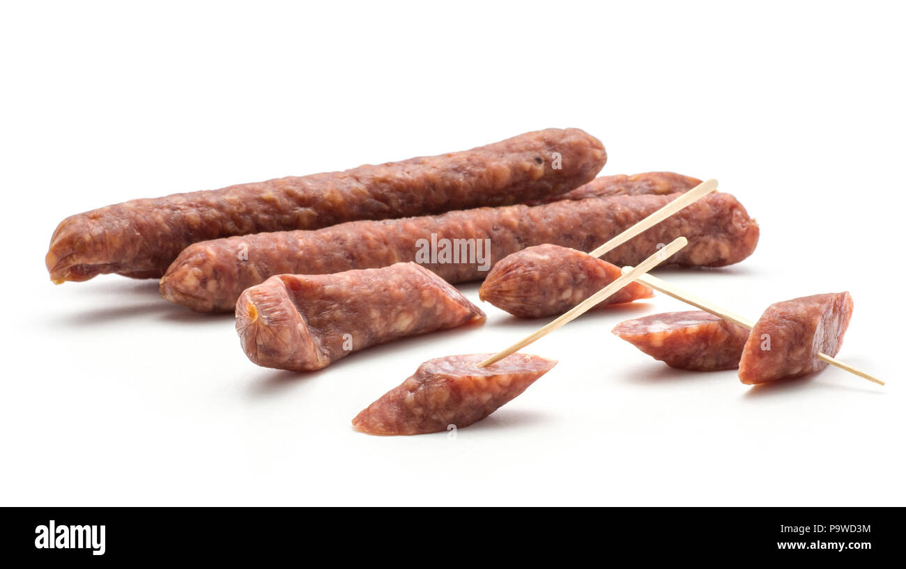 Hungarian dry sausages pepperoni isolated on white background smoked in ...