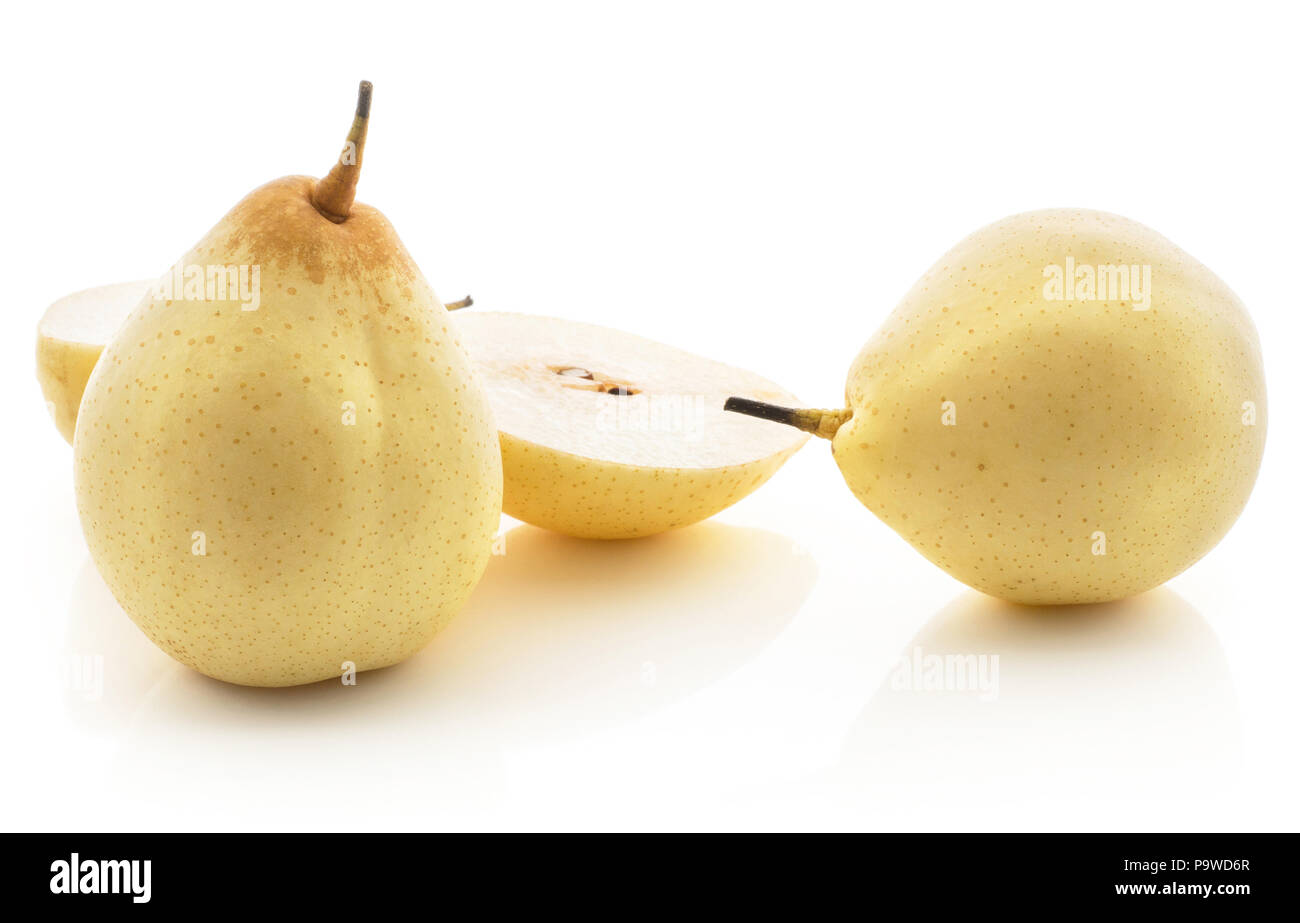 Two Nashi pears and two cut halves (Russet pear) isolated on white ...