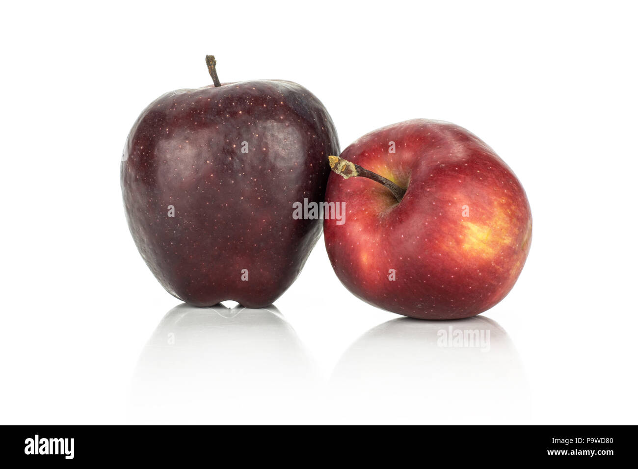 Two fresh apples red delicious isolated on white background light and ...