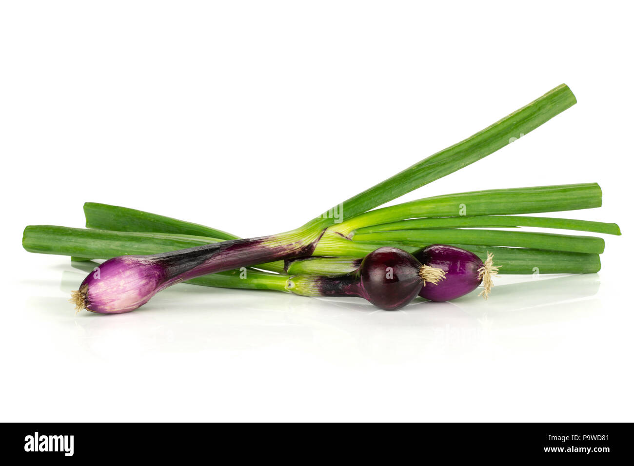 Group of three whole fresh green spring onion red scallion variety ...