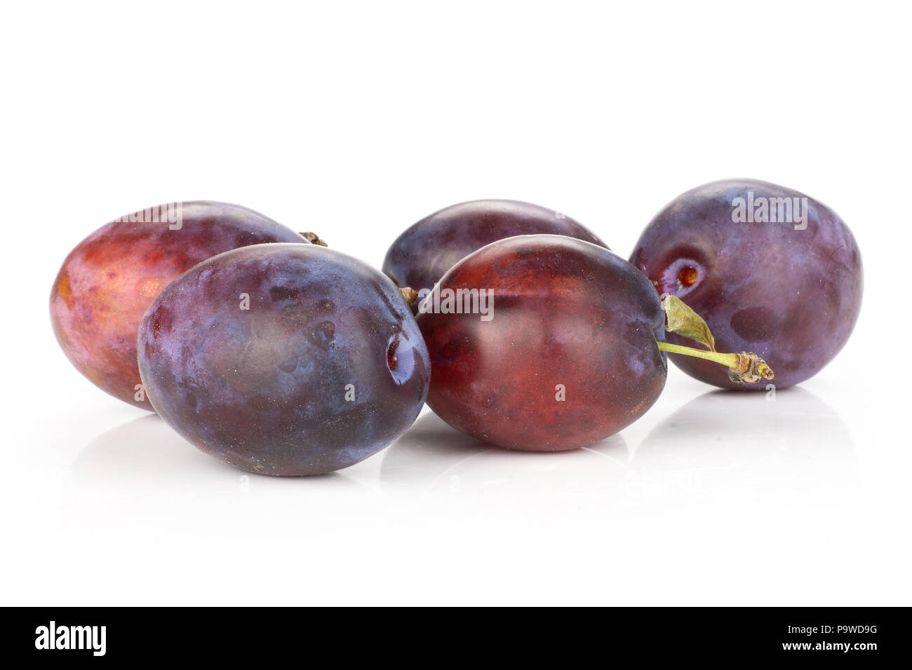 Group of five whole fresh violet-blue plum vibrant moyer variety ...