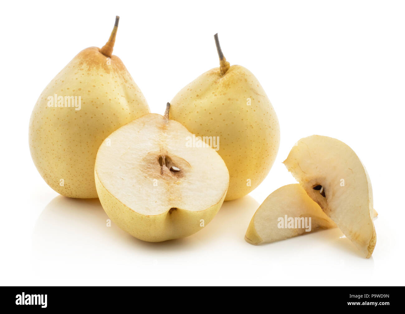 Nashi pear set two whole one half two slices (Russet pear) isolated on ...