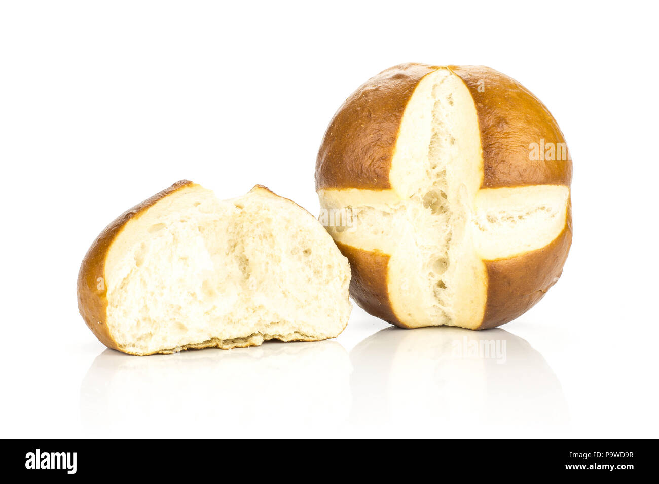 Bavarian bread bun with one broken isolated on white background fresh ...
