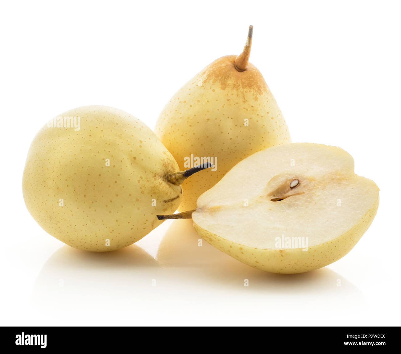 Nashi pear two whole and one half (Russet pear) isolated on white ...