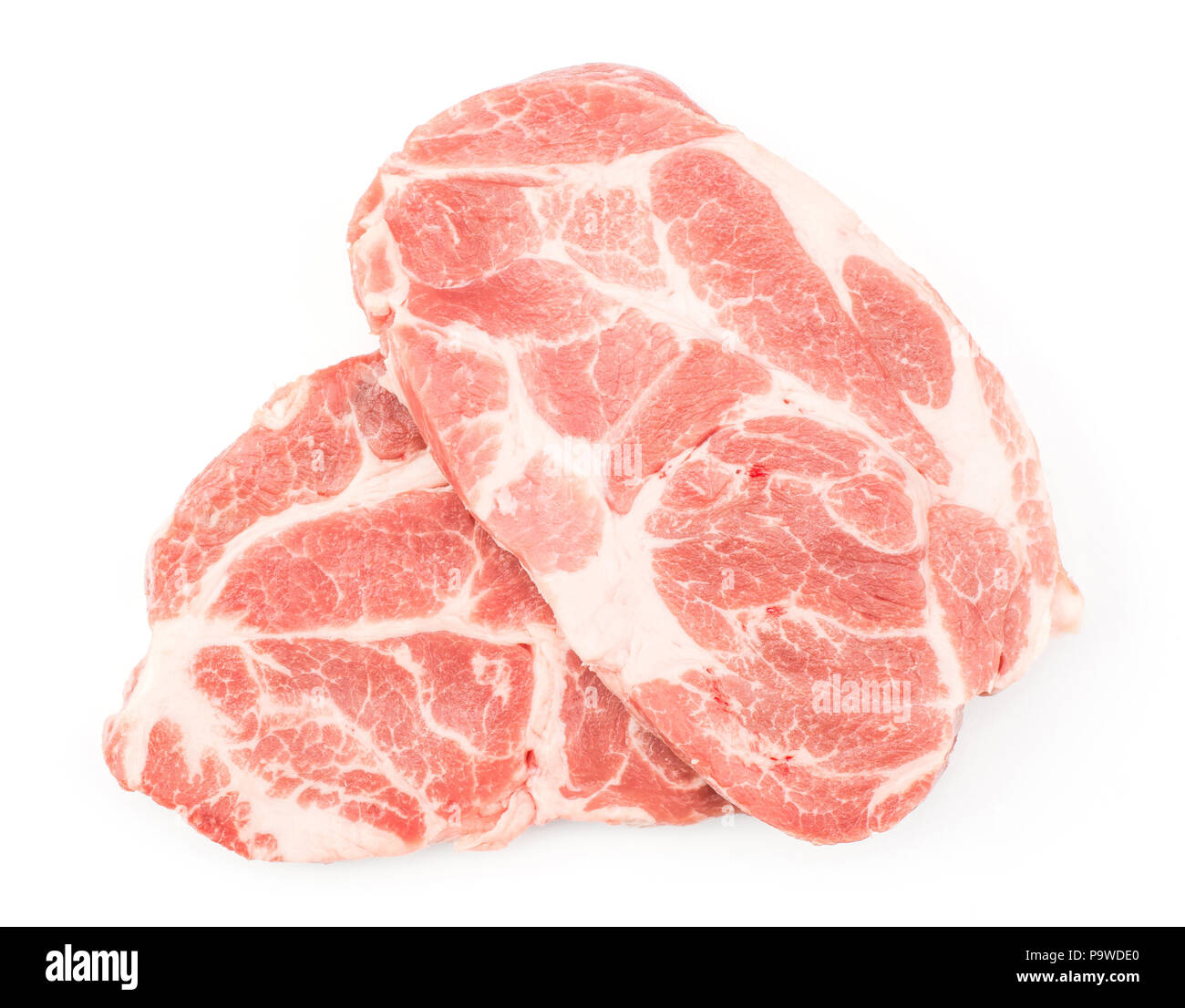 Raw pork neck meat cuts top view isolated on white background fresh two ...