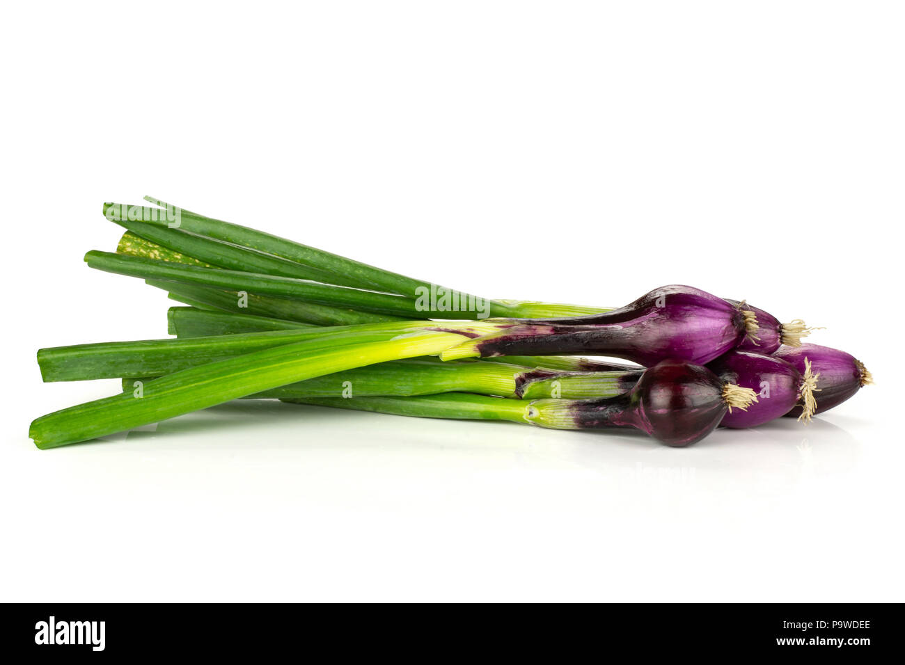 Group of five whole fresh green spring onion red scallion variety bunch ...